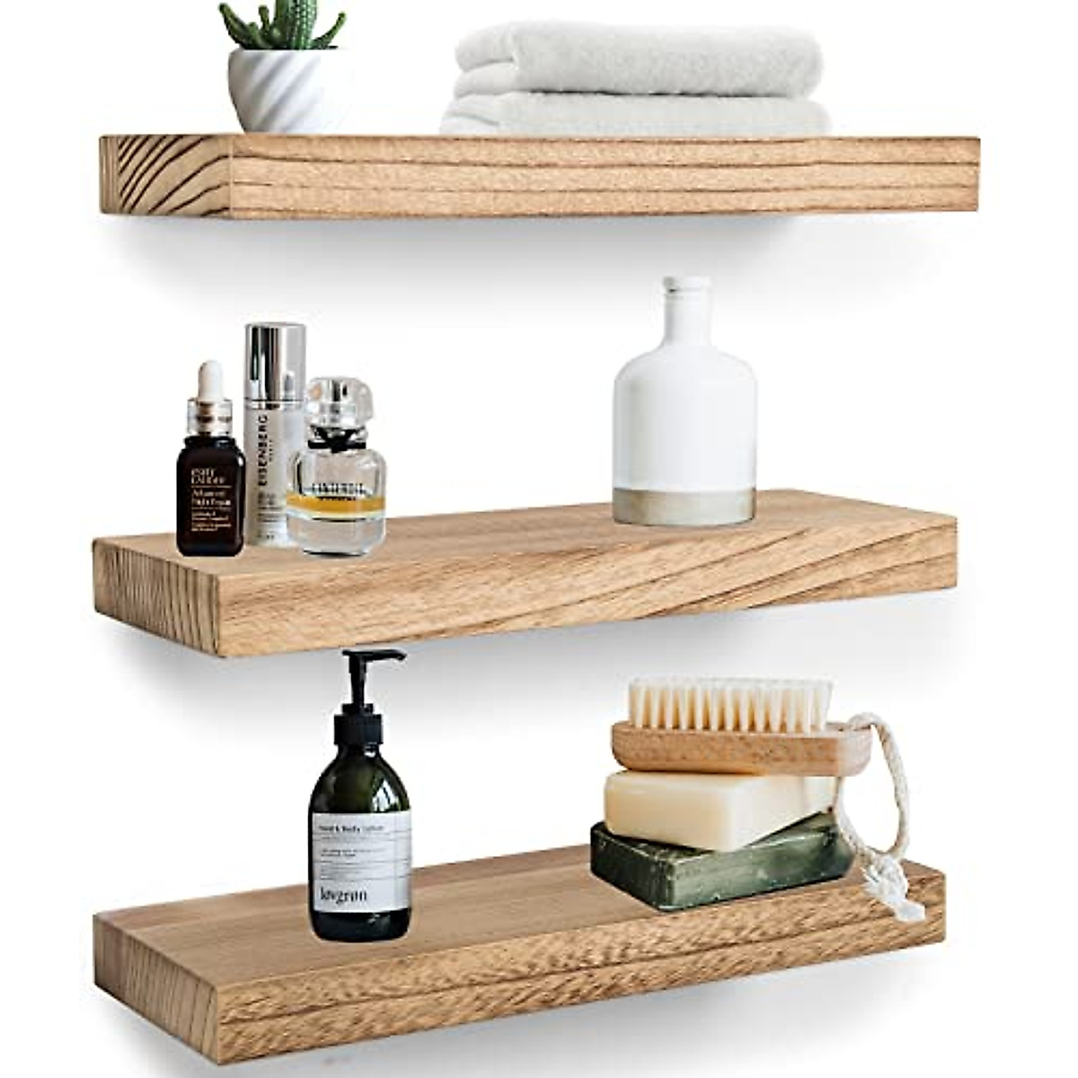 Wood Floating Shelves Wall Mounted 17 inch, 3 Tier Rustic Wooden Wall Shelves for Bathroom Living Room Bedroom Laundry Kitchen Storage Farmhouse Decor, Set of 3