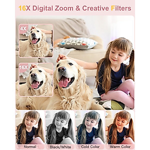 Digital Camera, FHD 1080P Kids Camera with Neck Lanyard 32GB Card Battery, Anti-Shake 16X Digital Zoom, 44MP Point Shoot Cameras, Compact Portable Small Gift Camera for Kid Teen Student Girl Boy(Pink)