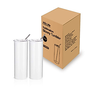 PYD Life 2 PCS Sublimation Blanks Skinny Tumbler White 20 OZ Straight Double Wall Stainless Steel Cups with Metal Straw for Tumbler Heat Press Machine Printing