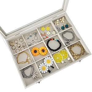 BesyPro 12 Grids Bracelet Organizer Box Ice Velvet Bangles Jewelry Storage Tray with Transparent Lid (Beige)