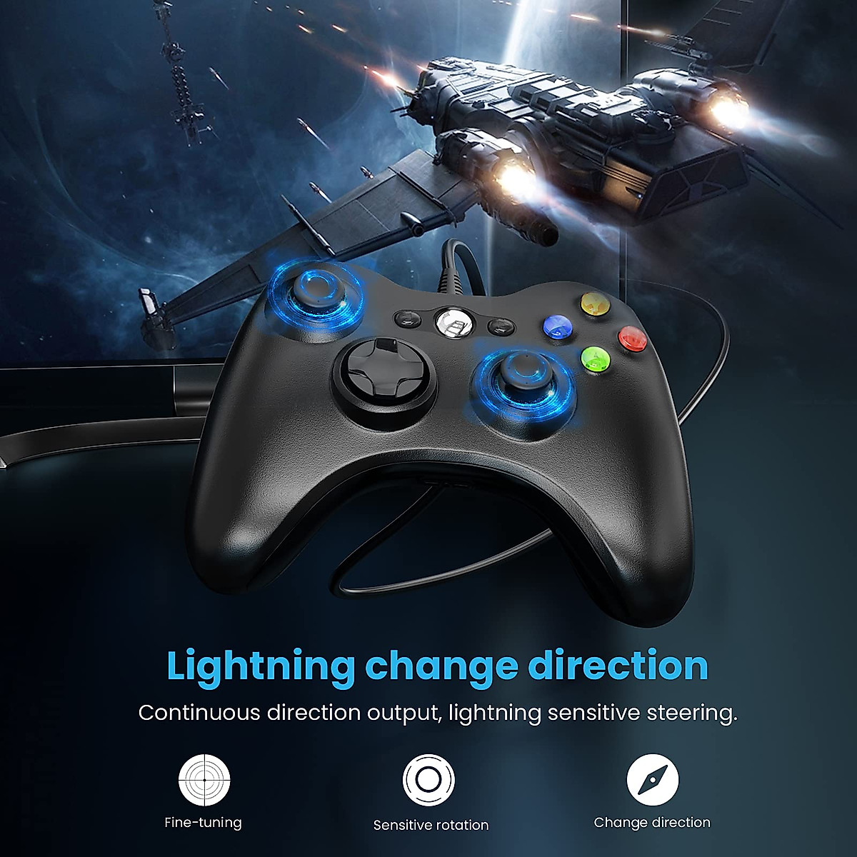 YAEYE Wired Controller for Xbox 360, Game Controller for 360 with Dual-Vibration Turbo Compatible with Xbox 360/360 Slim and PC Windows 7,8,10,11
