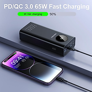 NOHON Power Bank 26800mAh Portable Charger: 65W Fast Charging USB C PD3.0 Battery Pack with LED Display | 4-Port Powerbank Compatible with iPhone 15 14 13 12 11 MacBook IPad AirPods Samsung S Series