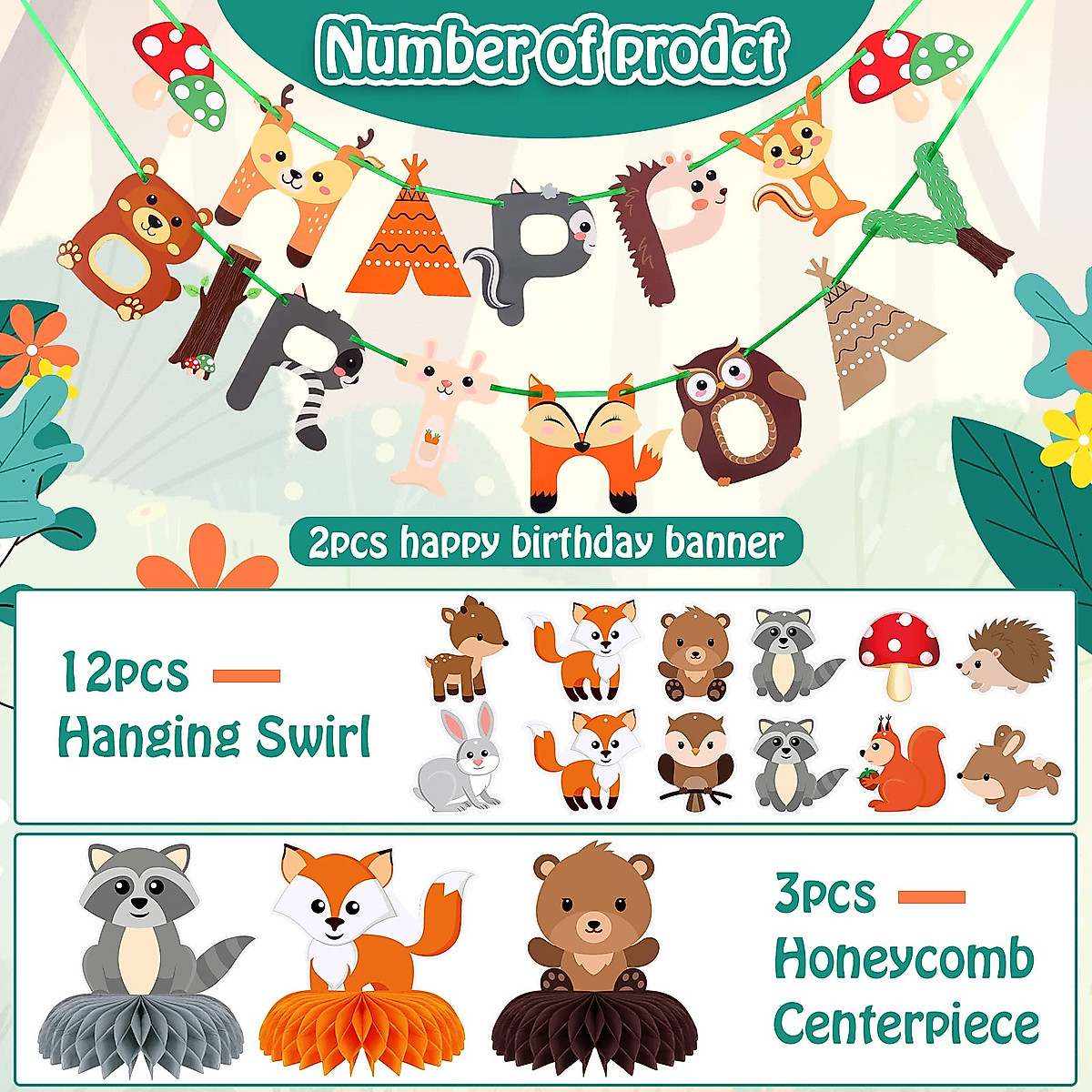 29 Pcs Woodland Party Supplies Animal Honeycomb Centerpieces Baby Shower Birthday Decorations Include Happy Birthday Banners Hanging Cards Swirl Ceiling Streamers for Forest Camping Party Supplies
