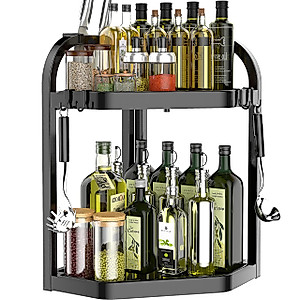 coorack Spice Rack Organizer with Hooks, 2 Tier Bathroom Countertop, Kitchen Corner Seasoning Shelf, Standing Storage for, , Bedroom (Large), Black-large