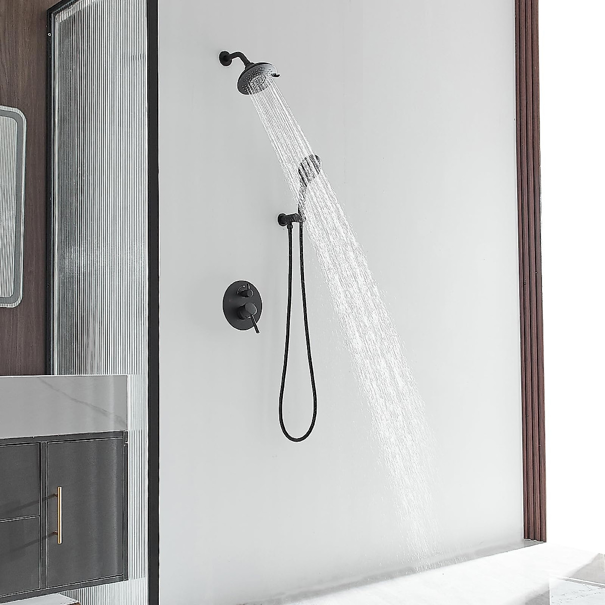 BWE Black Shower Faucet Luxury Rain Mixer Shower Combo Set Wall Mounted Shower Kit Rainfall Shower Head System Rough-in Valve Body and Trim Included