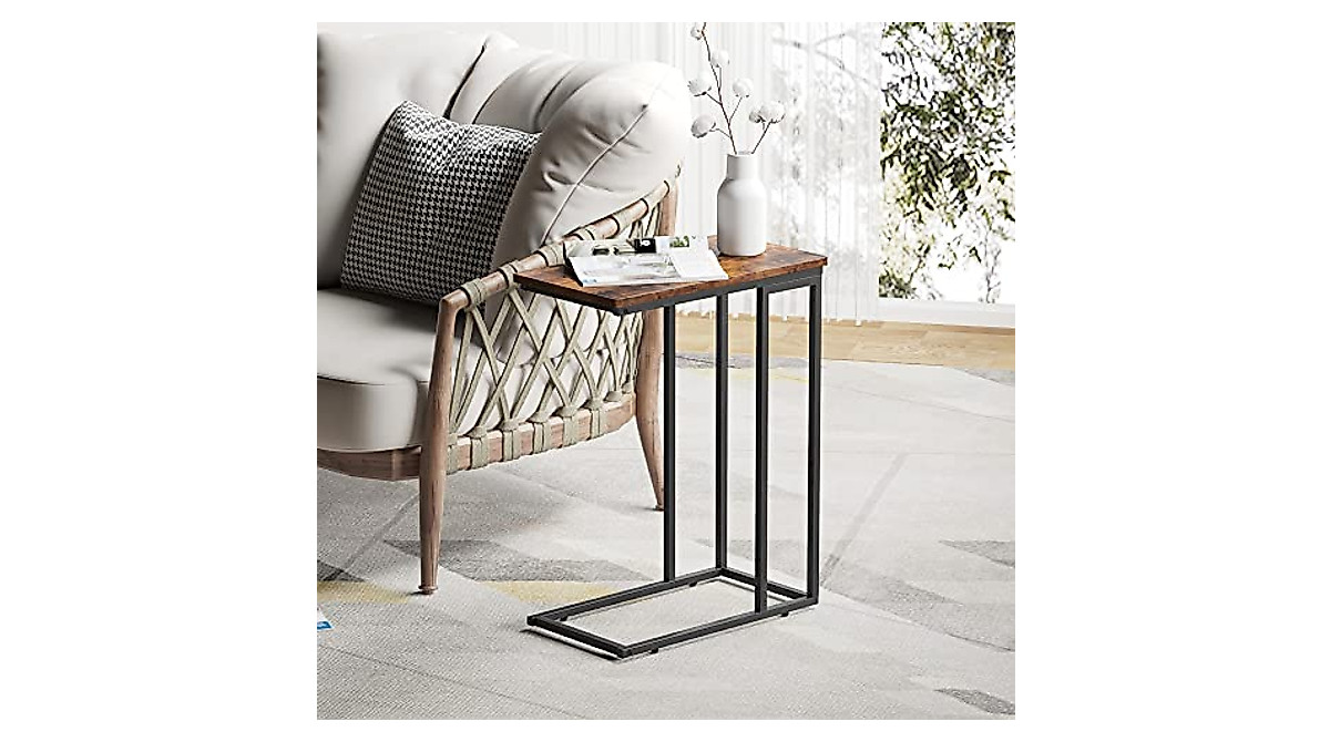Yusong Small C Shaped End Table - Slim, Easy Assembly & Rustic Brown