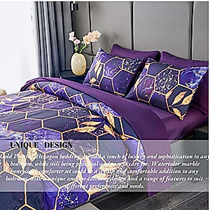 ANGIYUIN 7Pcs Bed-in-A-Bag Purple Gold Marble King Comforter Set with Sheets, 3D Geometric Hexagon Theme Decor Yellow Leaf Bedding Set, Modern Foil Print Duvet Insert for All Season (Purple King)