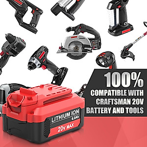 2PACK CMCB206 6000mAh Lithium ion Replacement Battery Compatible with Craftsman 20V Battery CMCB202 CMCB204 CMCB201 CMCB209 CMCB205 CMCS500 V20 Series Cordless Power Tool(Only for V20 Series)(Red)