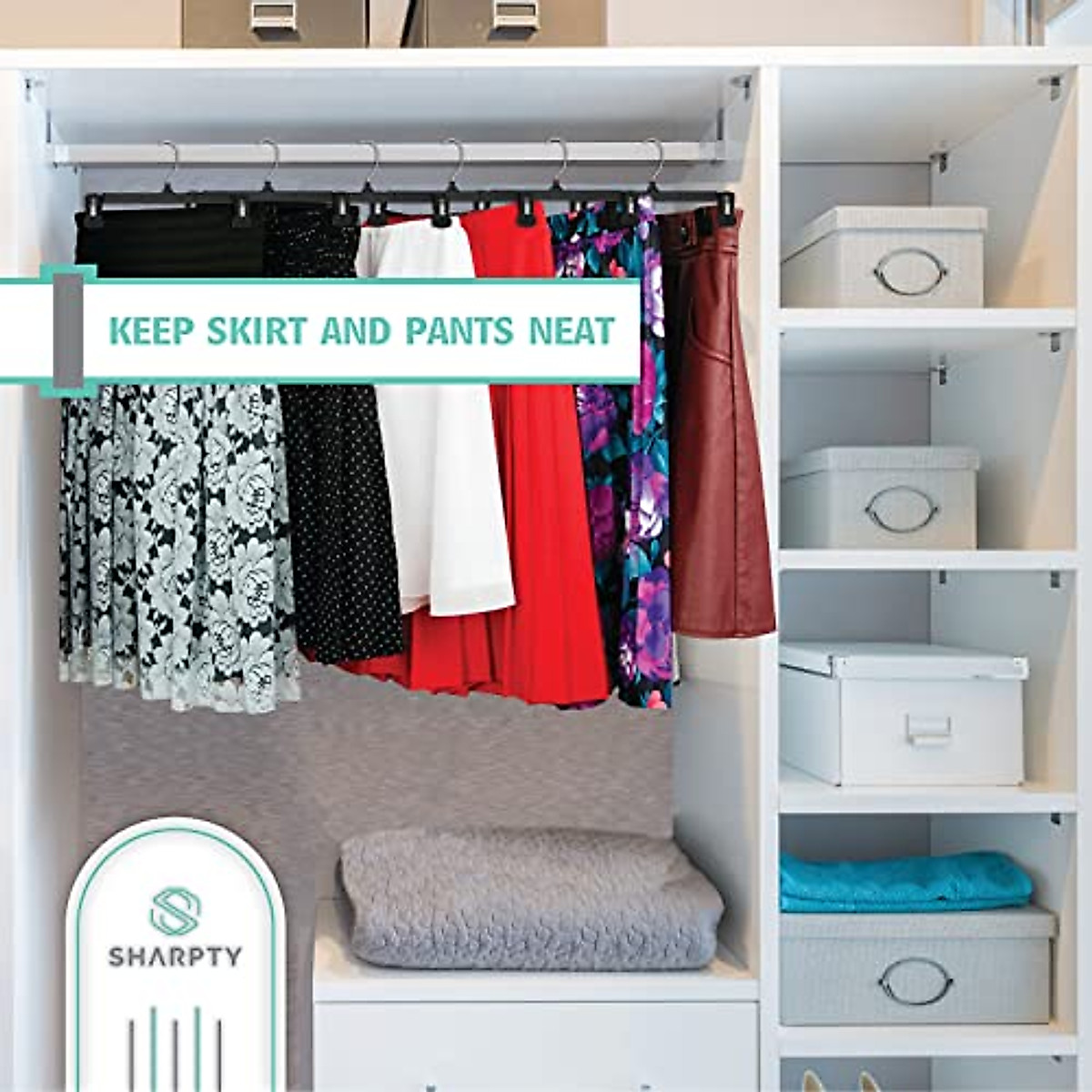 Sharpty Pant & Skirt Hangers - Closet Hangers for Shorts, Shirts, Jeans, Dresses, Slacks, Coats, Clothes, Clothing, Garments & More - Durable, Space Saving & Non-Slip, Black - 10 Pack