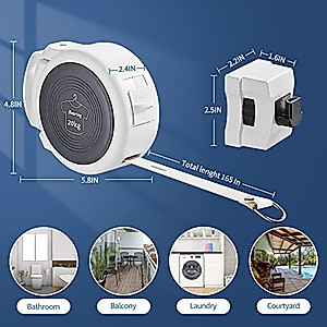 Retractable Clothesline, Wall Mounted Clothing Line, Lock to Prevent Sagging Heavy Duty Clothes Drying Laundry Line, Retracting Hanging Clothes Line Indoor Outdoor White