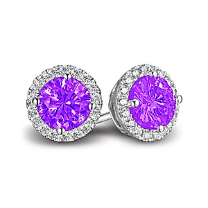 Clara Pucci 1.5ct Round Cut Halo Solitaire Natural Amethyst Unisex Designer Solitaire Stud Screw Back Earrings Solid 14k White Gold