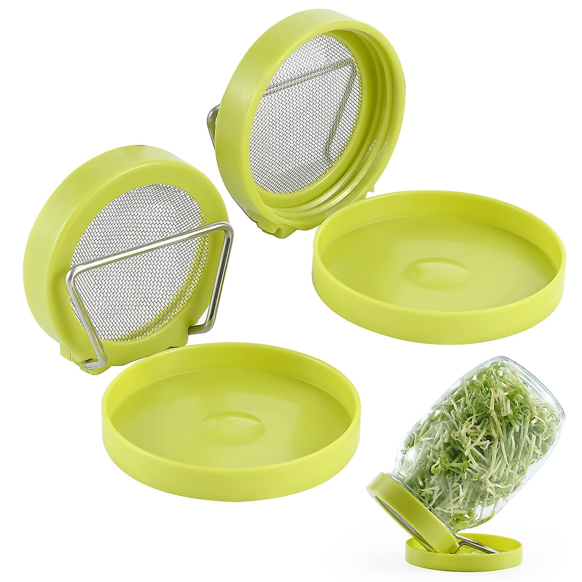 Sprouting Lid, Plastic Mesh Screen Cover Cap with Draining Stand and Tray, Germination Kit Sprouter Maker for Wide Mouth Jars, Grow Bean Sprouts, Broccoli Seeds, Alfalfa, Salad Greens