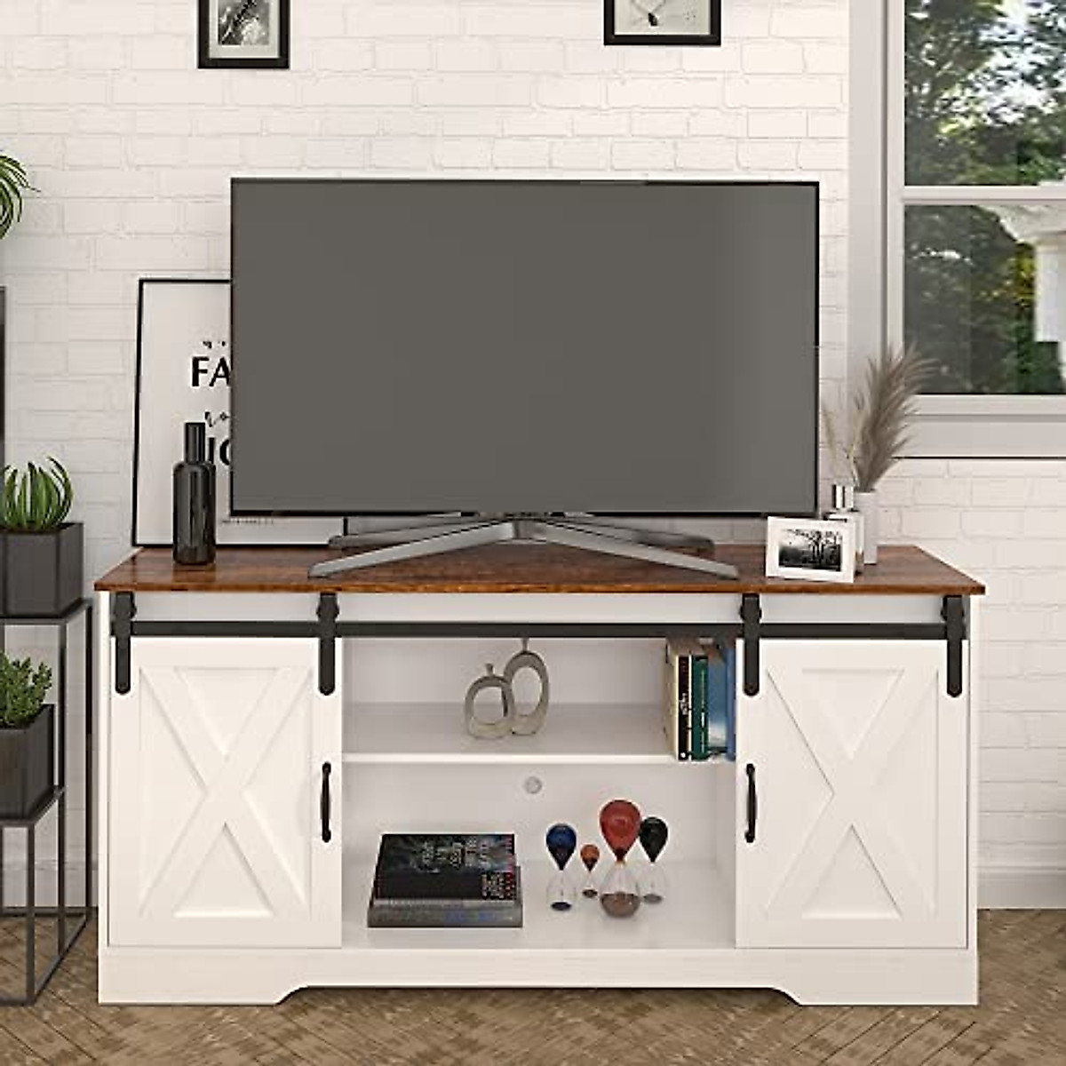 JOYSOURCE Farmhouse TV Stand Wood Sliding Barn Doors Entertainment Center, Modern TV Stand for 60 Inch TV, Television Stands with Adjustable Shelves Living Room TV Console, White Rustic