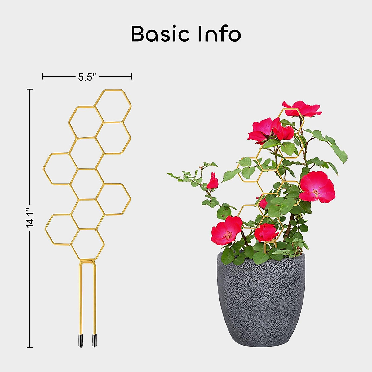 GROWNEER 2 Pcs 14" Small Plant Trellis for Climbing Plant, Honeycomb Metal Potted Trellis with 20 Pcs Cable Ties, 15 Pcs Plant Labels, Plant Support for Flower Stem Vines, Golden