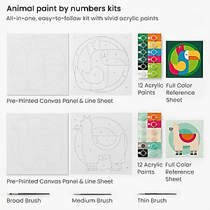 Arteza Kids Paint by Numbers Kit, 10 x 10 Inches, Pre-Printed Animal Canvas Painting Kit with 2 Canvases, 24 Acrylic Paint Pots, 3 Paintbrushes, Art Supplies for Developing Hand-Eye Coordination