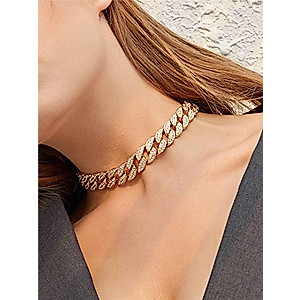Ingemark Shiny CZ Rhinestone Curb Cuban Link Chain Choker for Women Unisex Cool Hip Hop Miami Cuban Diamond-Cut Chain Choker Necklace (Style 1 Golden)