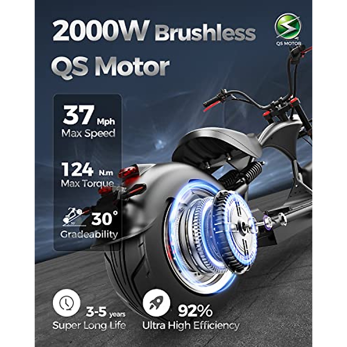 Eahora DOT Approved M1P 37Mph 2000W Electric Motorcycle for Adults, 60V 30ah Lithium Battery 40Miles Electric Scooter, 12in Vacuum Tires Full Suspension for Urban Commuting, 1-2 Person