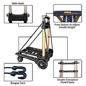 Folding Utility Shopping Cart Rolling Crate Portable Hand Truck Lightweight Trolley with Removable Waterproof Bag 70Kg/155Lbs Adjustable Handle 4 Wheels for Grocery Moving Luggage Laundry(Black+Bag)