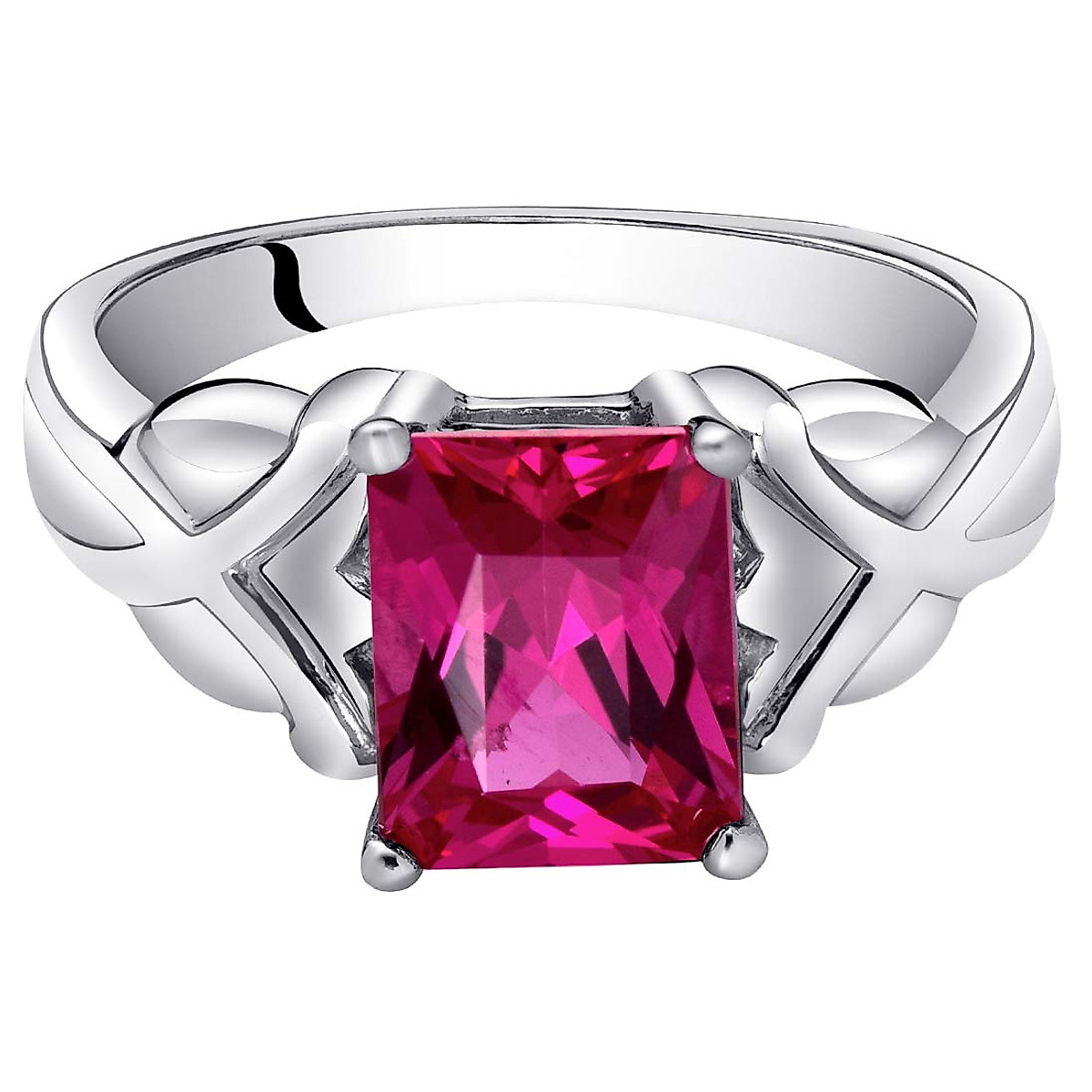 PEORA Created Ruby Ring in Sterling Silver, Criss-Cross Solitaire, Radiant Cut, 9x7mm, 3 Carats total, Comfort Fit, Size 9