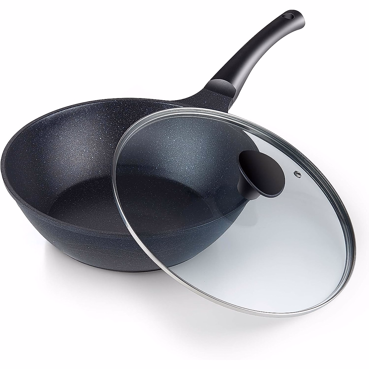 Cook N Home Nonstick Deep Frying Pan Saute Pan Skillet with Lid 11 Inch, Marble Wok Stir-Fry Pan Large Skillet Sauté Pan, Black