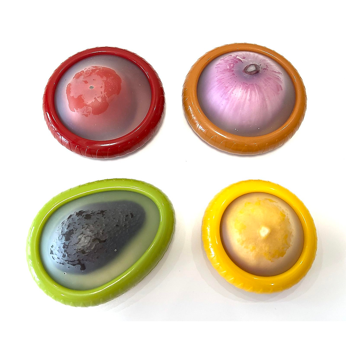 halteoly 4PC Silicone Fruit and Vegetable Storage Containers Set for Fridge, Onion Storage Container, Avocado keeper,Tomato Saver,and Lemon holder