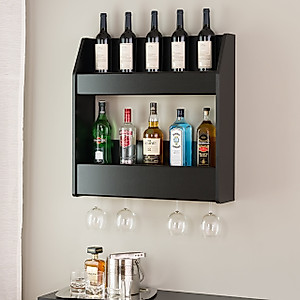 Floating Wine Rack Liquor Bottle Storage Glass Holder Bar Wall Mount Pub Sturdy Black Modern Holds 20 Bottles