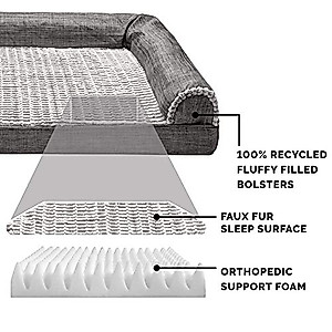Furhaven XL Orthopedic Dog Bed Luxe Faux Fur & Performance Linen Sofa-Style w/ Removable Washable Cover - Charcoal, Jumbo (X-Large)