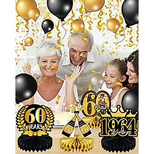 9 Pcs 60th Birthday Decoration for Men Women 60th Birthday Centerpieces for Tables Cheers to 60 Years Birthday Honeycomb Decor 1964 Birthday Table Topper Black and Gold 60th Birthday Party Favors