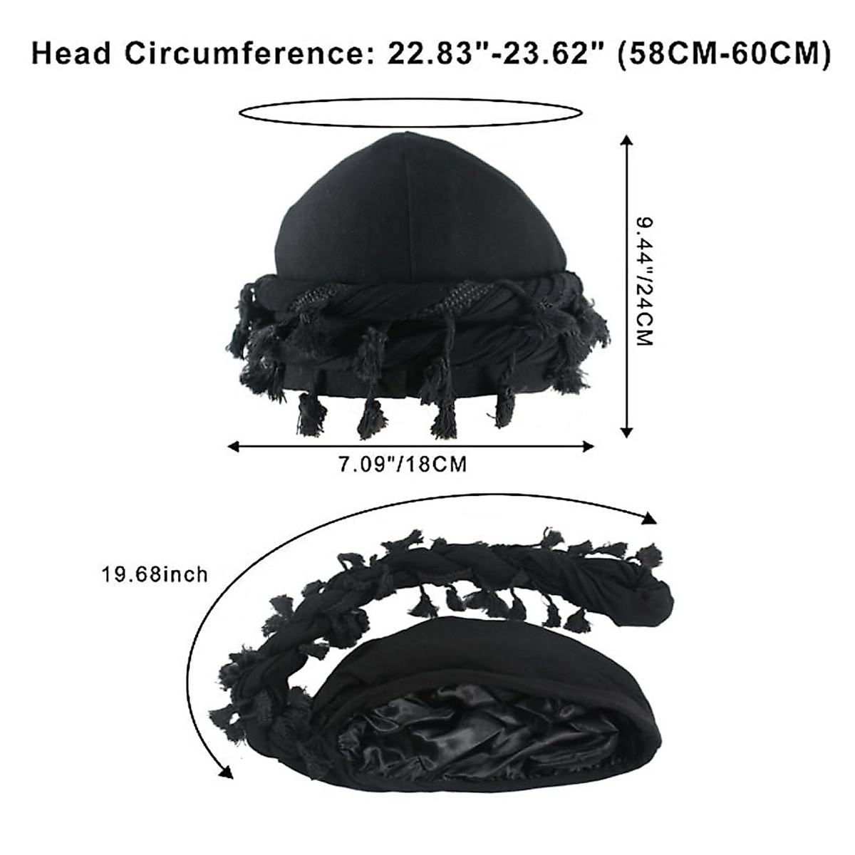 YuMENo Turban for Men Women Vintage Twist Durag Head Wraps Satin Lined Halo Turban with Tassel Waves Braids Beige