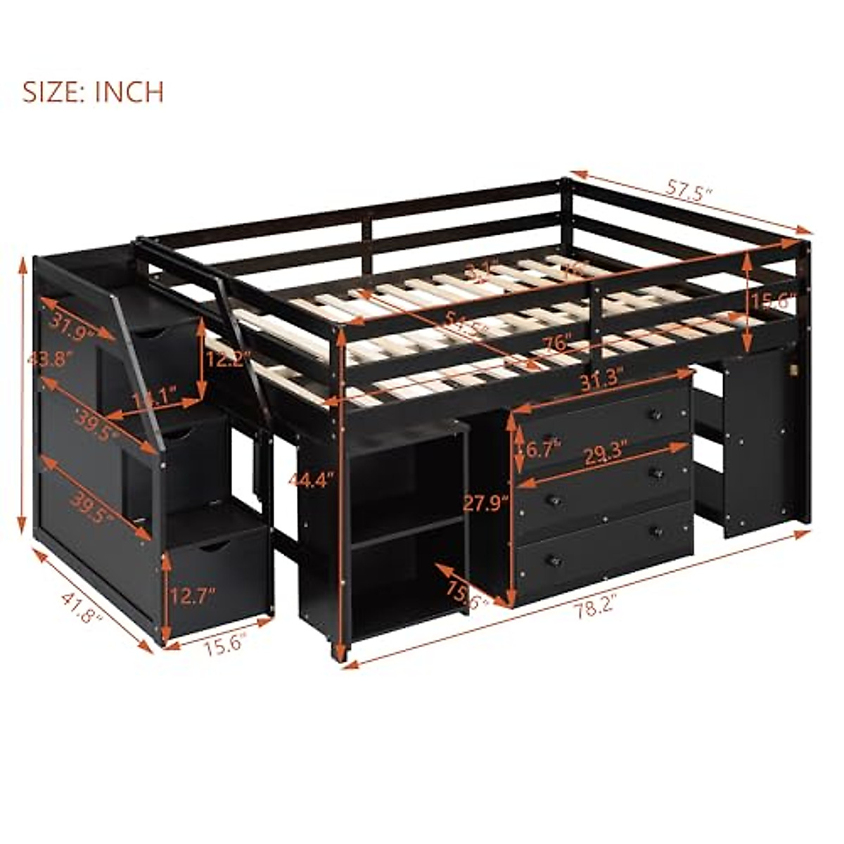 BIADNBZ Full Size Low Loft Bed with Storage Stairs, Retractable Writing Desk and 3 Drawers, Wooden Loftbed with Shelves for Kids Boys Girls Bedroom, Espresso