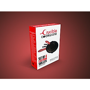 Crucible Cookware Cast Iron Skillets, Set Of 4 (Pre-seasoned) 10 Inch - 5.1 Inch, Including Large & Small Silicone Hot Handle Holders | Indoor & Outdoor Use