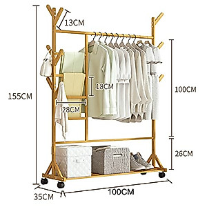YXDFG Rolling Closet Organizer Shoe Rack,Bamboo Clothes Drying Rack,Coat Rack Stand Garment Rack Rail W/9 Side Hooks,Hall Tree Entryway Bedroom Storage Shelves Clothes Hanging Rack,Brown