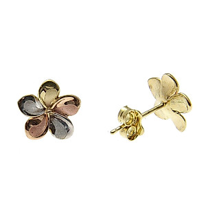 14K solid tricolor gold Hawaiian 11mm plumeria flower stud earrings