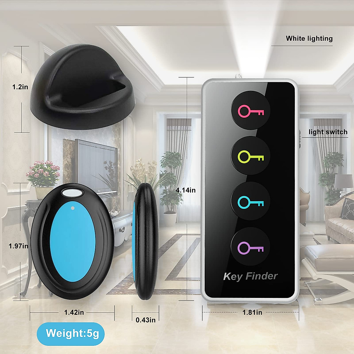 MYLAIM Wireless Key Finder with LED Light (131ft Range) - Easy-to-Use for Seniors - Locate Keys, Phones, Wallets, and TV Remotes - 4 Receivers, No App Required - Includes Batteries.