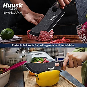 Huusk Japan Knife, Hand Forged Meat Cleaver Knives Japanese Cooking Knife Black Butcher Knife for Meat Cutting Full Tang Kitchen Knives Cleaver Knife for Kitchen, Camping Thanksgiving Christmas Gifts
