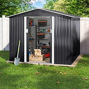 JAXPETY 8'x8' Garden Shed, Large Metal Lockable Outdoor Storage Shed & Outdoor Storage Garden Shed Tool Outdoor Storage Shed with Sliding Doors and Air Vent for Backyard, Patio, Lawn, Dark Grey