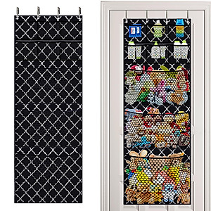 VICTORICH Stuffed Animal Storage, Over Door Organizer for Stuffed Animals Holder, Stuffed Animal Net Hammock with 4 Pockets for Baby Accessories, Toy Plush Storage, Kids Bedroom Organization, Black