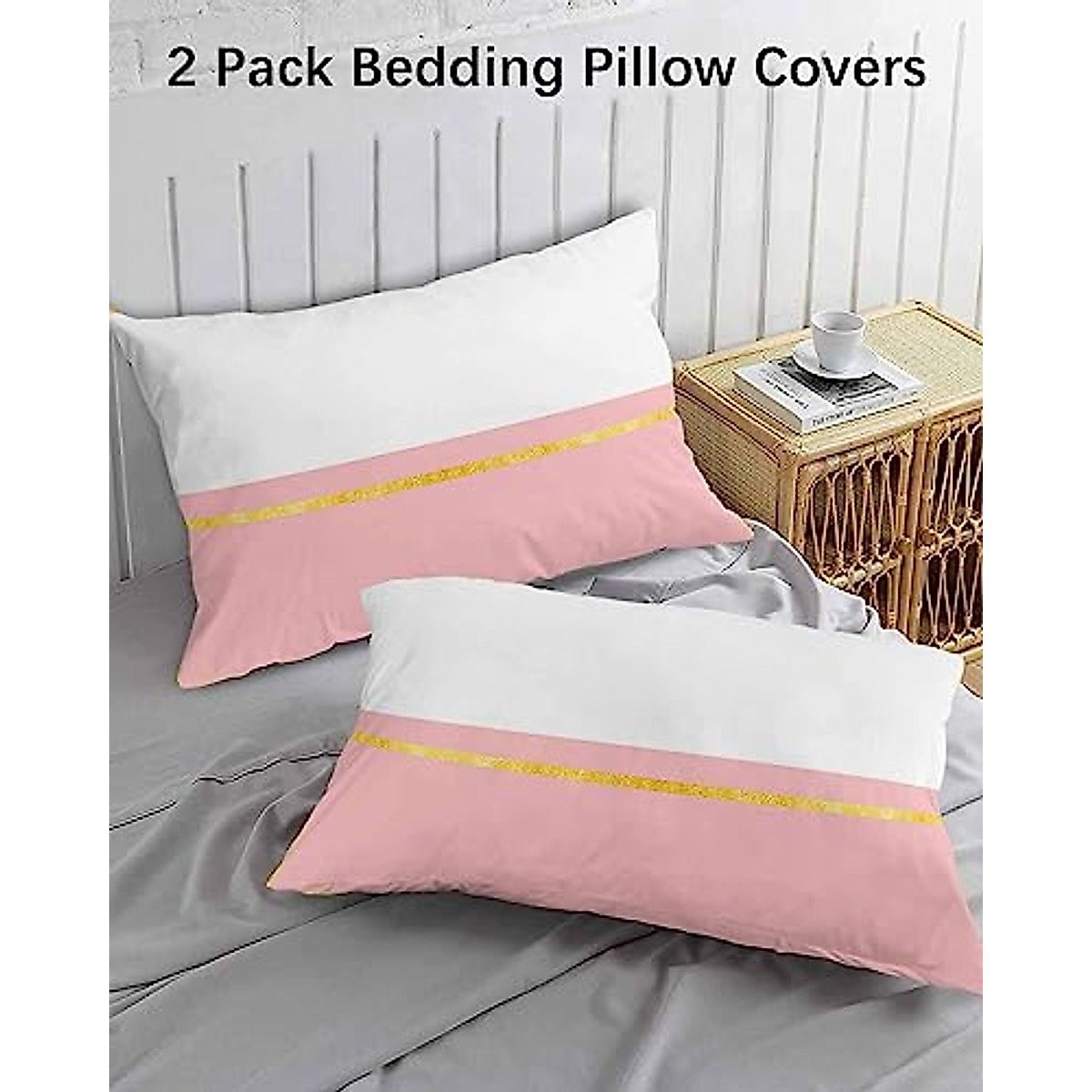Edwiinsa Pink White Pillow Covers King Standard Set of 2 20x36 Bed Pillow, Luxury Yellow Lace Modern Abstract Art Aesthetics Plush Soft Comfort for Hair/Skin Cooling Pillowcases with Envelop Closure