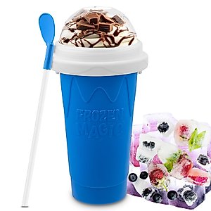 Slushy Maker Cup - DIY Magic Slushy Maker Squeeze Cup, Portable Smoothie Squeeze Cup for Juices, Milk and Ice Cream Make, Double Layers Silicone Slushie Cup with Straw for Friends,Family Gifts(Blue)