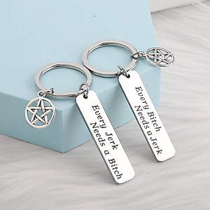 LQRI SPN Jewelry Bitch Jerk Keychain Every Jerk Needs a Bitch Best Friend Keychain TV Show Theme Gifts (silver)