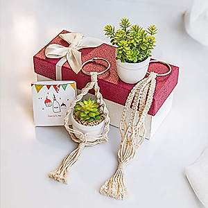 Mkono Mini Macrame Plant Car Accessories Rear View Mirrior Charm Cute Hanging Rearview Car Decor Boho Hanger with Artificial Succulent Plants Gifts for Plant Lover Set of 2, White