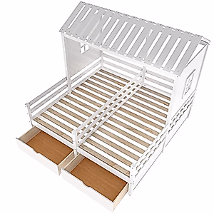 BIADNBZ Twin Size Double Platform Beds with Storage Drawers, Roof and Window, Wooden House-Shaped-Bed for Kids/Boys/Girls Bedroom, Dorm, White