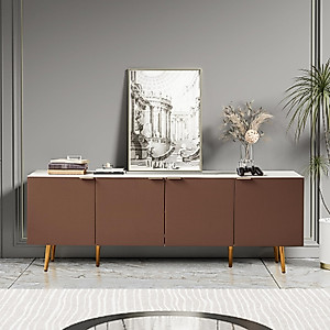 Vliekcy TV Stand for 70 Inch TV, Media Entertainment Center Console Table with Leaf Patterns Doors, Wooden TV Stand with Storage Cabinet for Media Room, Living Room-Cognac Tan & White