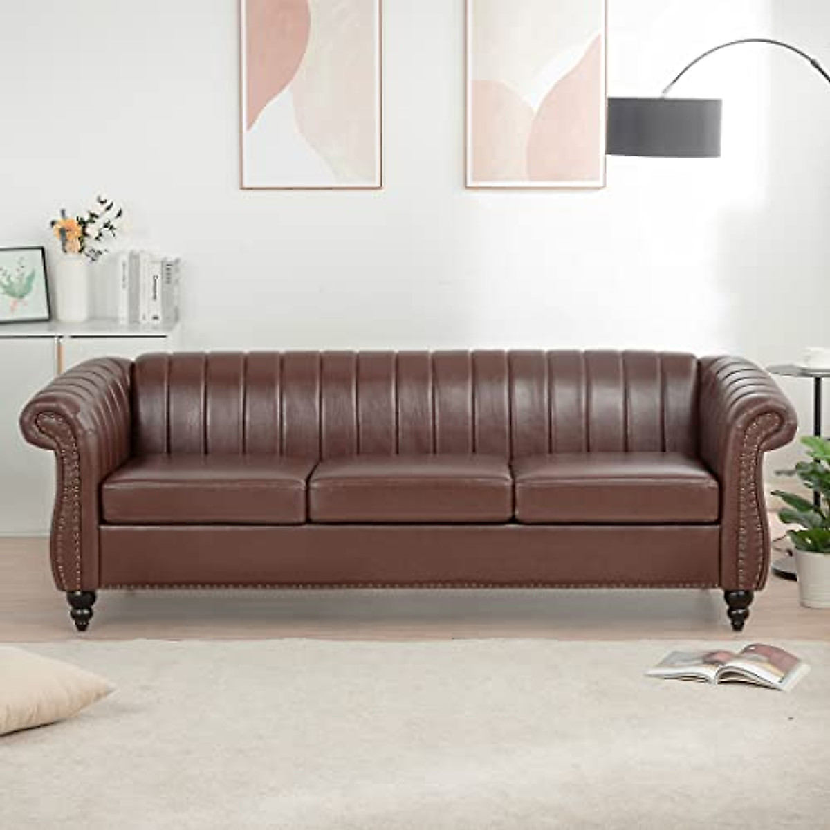 EMKK 84inch 3 Seater Sofa Modern Upholstered Couch Faux Leather Sofá for Living Room, Rolled Arm Chesterfield Small Spaces,Bedroom,Apartment,Dorm,Office, Dark Brown 84''