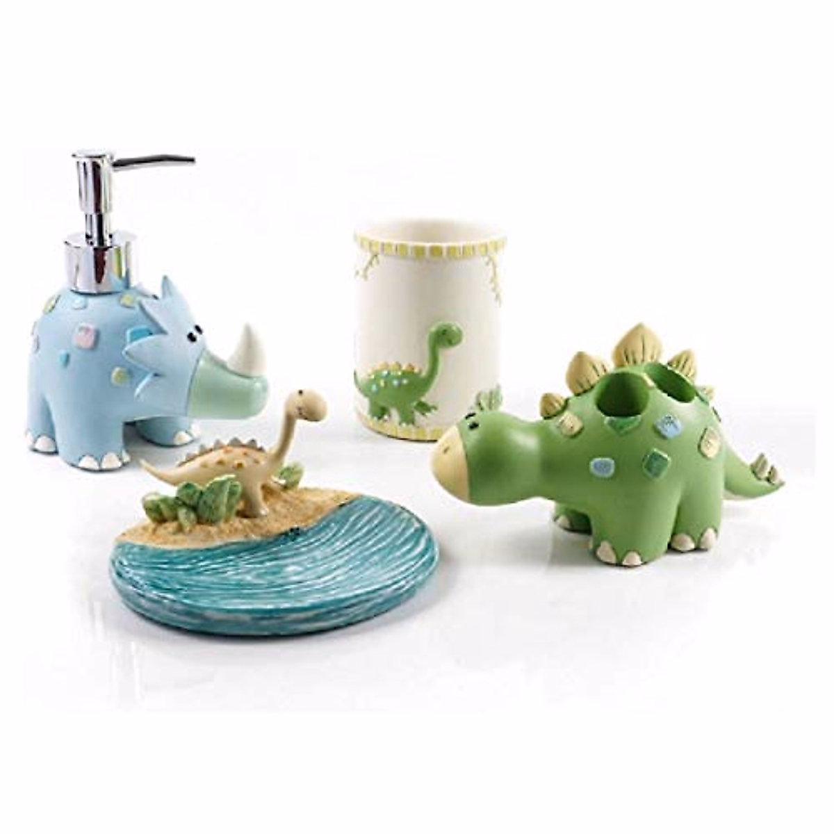 zmgmsmh cartioon Dinosaur Bath Accessory Set, Soap Dispenser Pump, Toothbrush Holder, Tumbler, Soap Dish - 4 Pieces (4 Pieces Set)