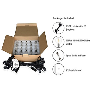 Genixgreen 1W G40 LED Light Bulb 25ft String Light 2700K, E12 Socket Outdoor Replacement Light Bulbs for Cafe Bistro Backyard Garden Indoor Outside Patio, Pack of 25