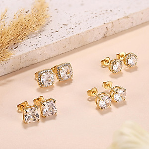 MILACOLATO Cubic Zirconia Stud Earrings Women Men 18K Yellow Gold Hypoallergenic Sterling Silver Post Earrings Brilliant Large Simulated Diamond Halo Stud Earrings for Sensitive Ears