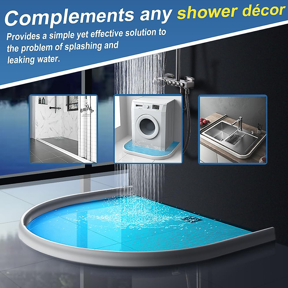 KRUI Collapsible Shower Threshold Water Dam, 39 In, Self Adhesive Shower Edge Water Barrier Stopper, Shower Water Blocker Retention System, Dry and Wet Separation for Bathroom Kitchen Countertop Sink