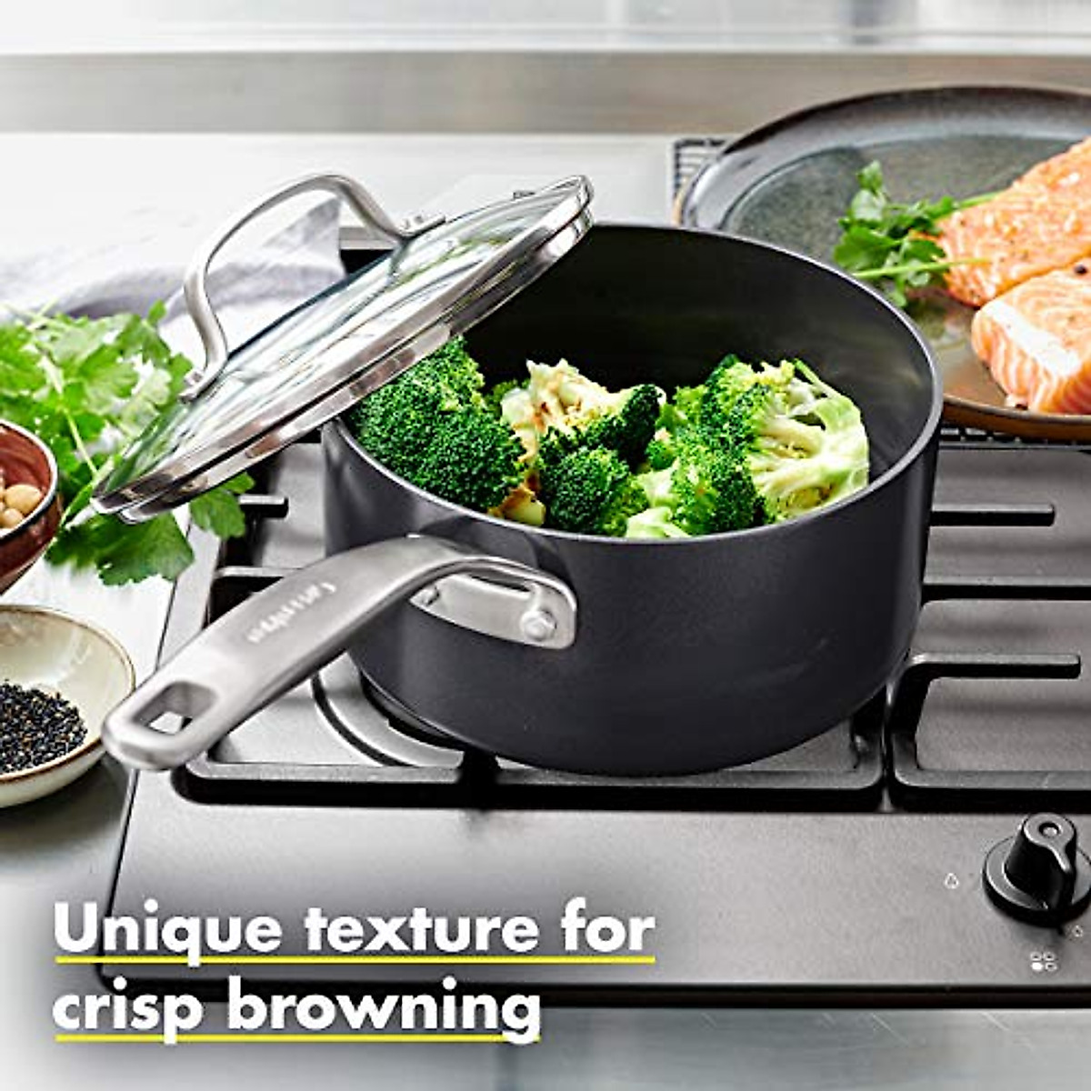 GreenPan SearSmart Hard Anodized Healthy Ceramic Nonstick, 2QT Saucepan Pot with Lid, PFAS-Free, Textured Surface, Dishwasher Safe, Black