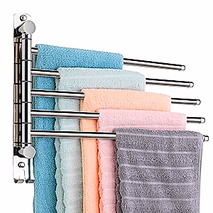 SCDGRW Swivel Towel bar 5 arm - Stainless Steel Bathroom Swing Towel Rack with Hook- Wall Mounted Towel Holder Storage Organizer for Bathroom Kitchen
